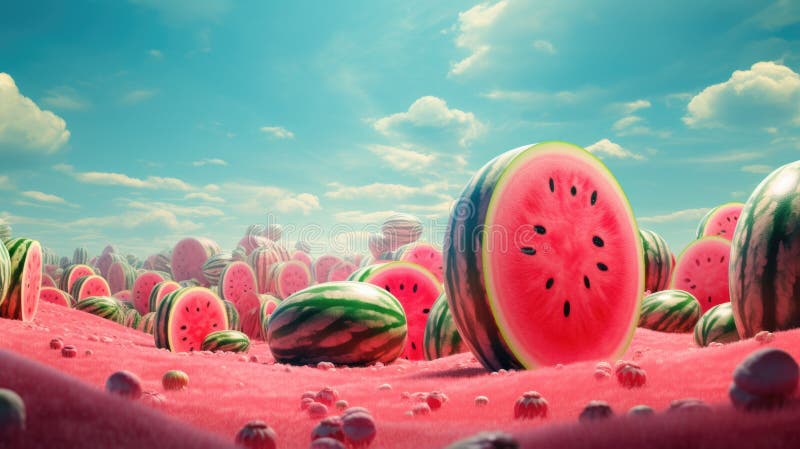 Watermelon Landscape with Many Different Types of Watermelons, AI Stock ...