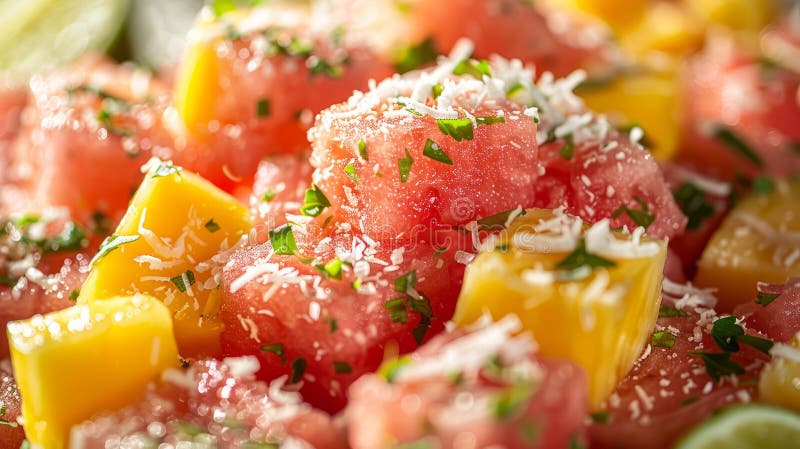 Watermelon and Mango Salad with Toppings Stock Photo - Image of parsley ...
