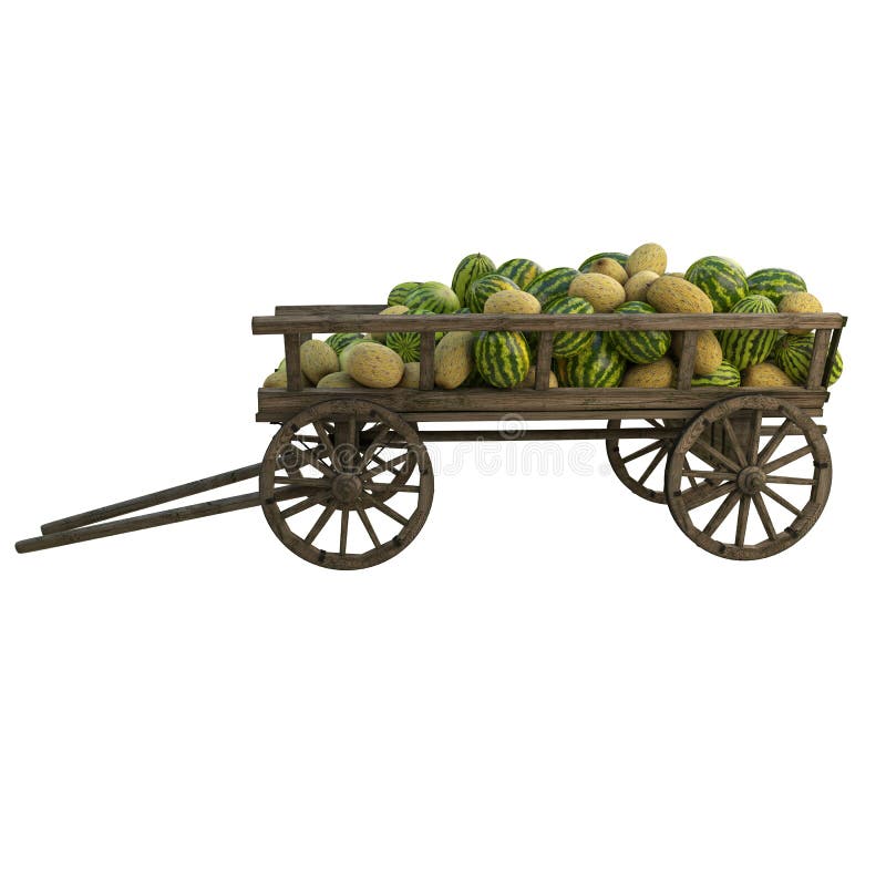 Watermelon and Melon in a Wooden Cart Stock Illustration - Illustration ...