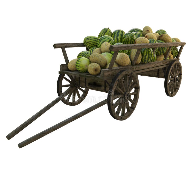 Watermelon and Melon in a Wooden Cart Stock Illustration - Illustration ...