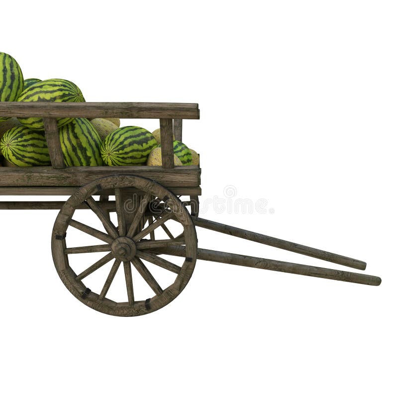 Watermelon and Melon in a Wooden Cart Stock Illustration - Illustration ...