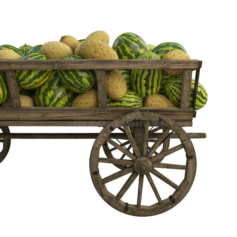 Watermelon and Melon in a Wooden Cart Stock Illustration - Illustration ...