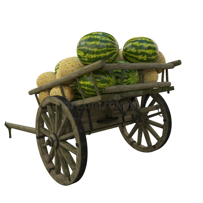 Watermelon and Melon in a Wooden Cart Stock Illustration - Illustration ...