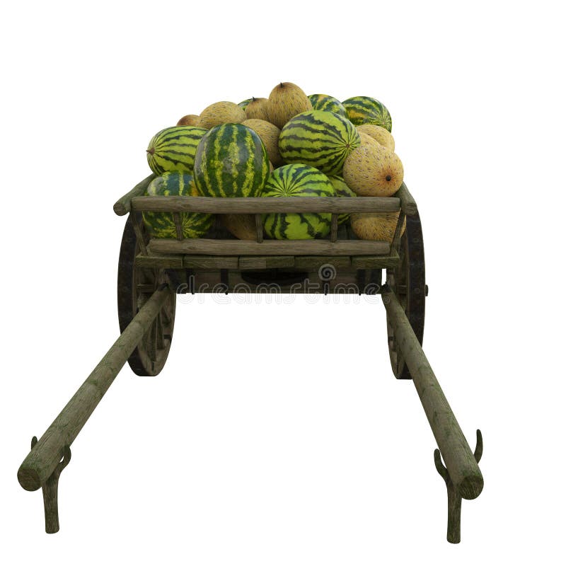 Watermelon and Melon in a Wooden Cart Stock Illustration - Illustration ...