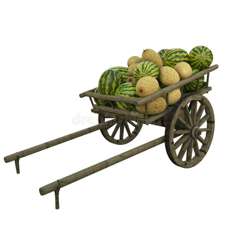 Watermelon and Melon in a Wooden Cart Stock Illustration - Illustration ...