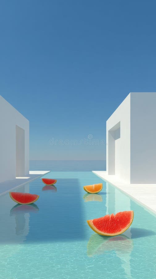 Watermelon and Orange Slices Floating in Minimalist Pool Stock ...