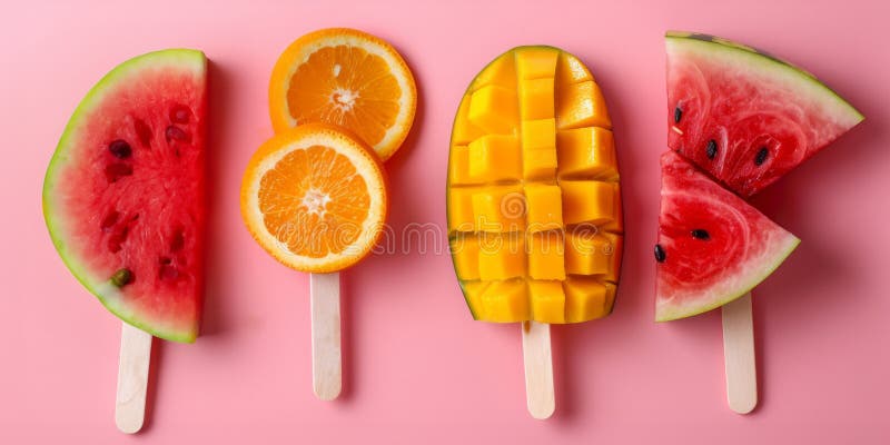 Watermelon, Oranges and Mango Slices on Sticks Like Popsicles Stock ...