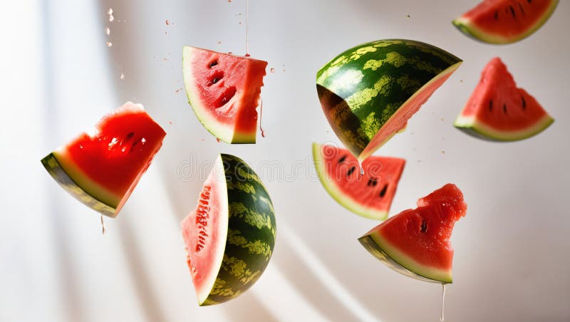 Watermelon Pieces Float or Fall in the Air Stock Illustration ...