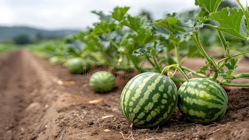Watermelon Plants Thrive in a Field, Showcasing a Vibrant Watermelon ...
