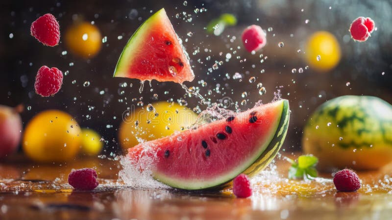Watermelon and Raspberries Splashing on Wooden Surface Stock ...