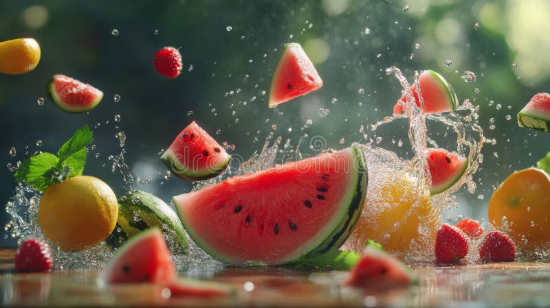 Watermelon Raspberry Lemon and Mint Splash Stock Illustration ...
