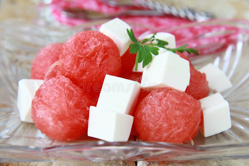 Watermelon Salad with Feta Cheese Stock Image - Image of pieces, eating ...
