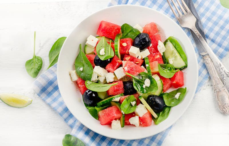Watermelon Salad with Feta Cheese Stock Photo - Image of leaf, lettuce ...
