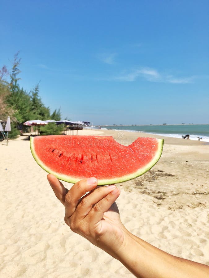 Watermelon on the Sand and Sky Stock Image - Image of meal, berry ...