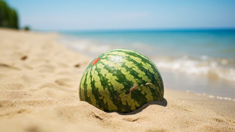 Watermelon on Sandy Beach - Natural Sea Image Stock Illustration - Illustration of fruit, light ...