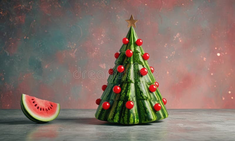A Watermelon Shaped Christmas Tree Sits on a Table Next To a Slice of ...