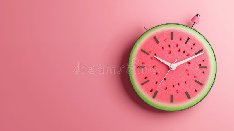 Watermelon-shaped Clock Displaying Time Against a Vibrant Pink ...