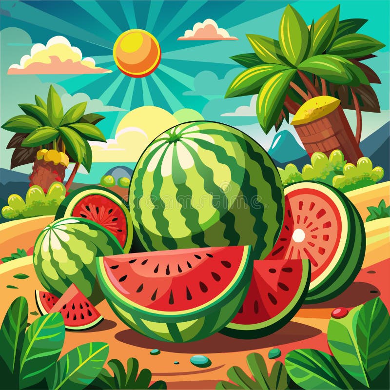 A Watermelon is Shown in a Field with Palm Trees in the Background. the ...