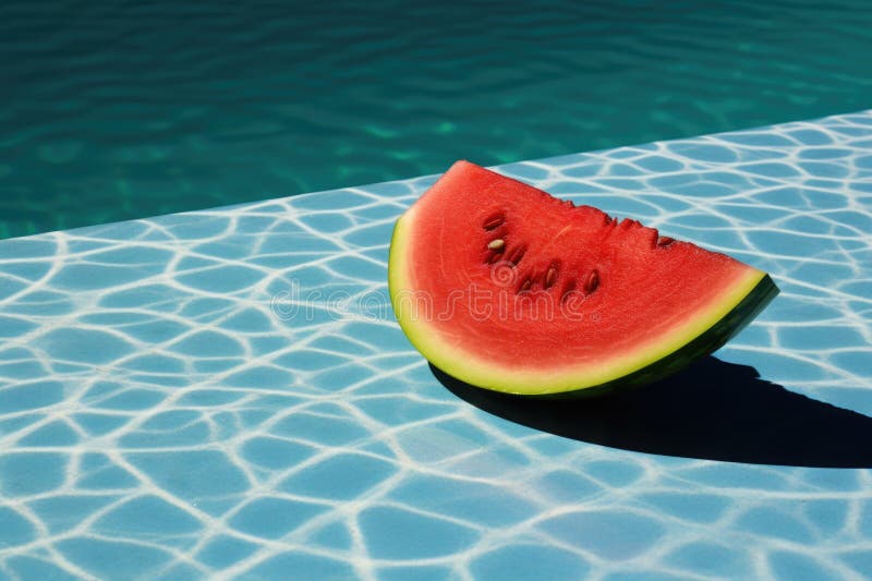 Watermelon Slice with Bite Marks Resting on the Pool Ledge Stock ...