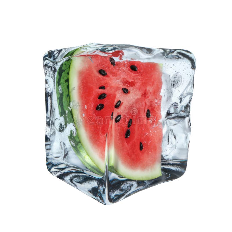 Watermelon Slice Frozen in Ice Cube, Isolated on White Stock ...