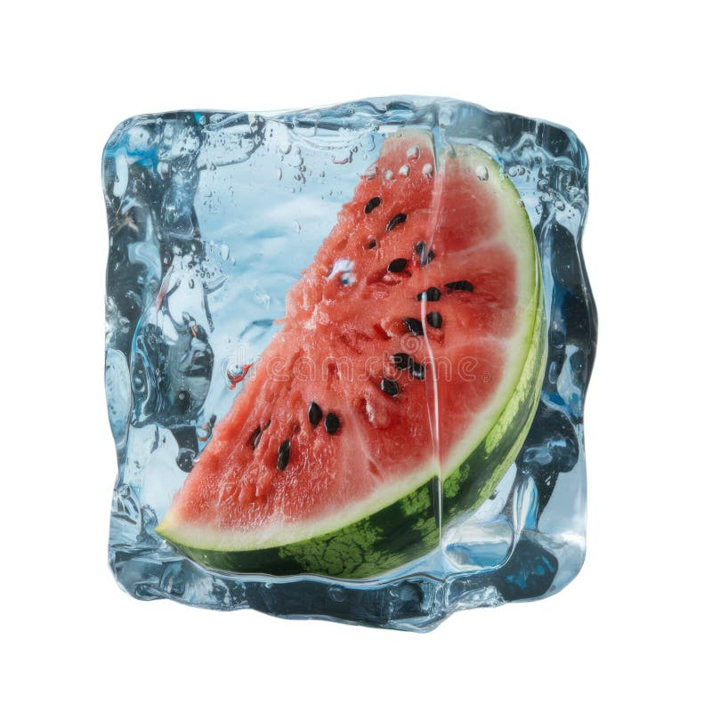 Watermelon Slice Frozen in Ice Cube on White Background Stock ...