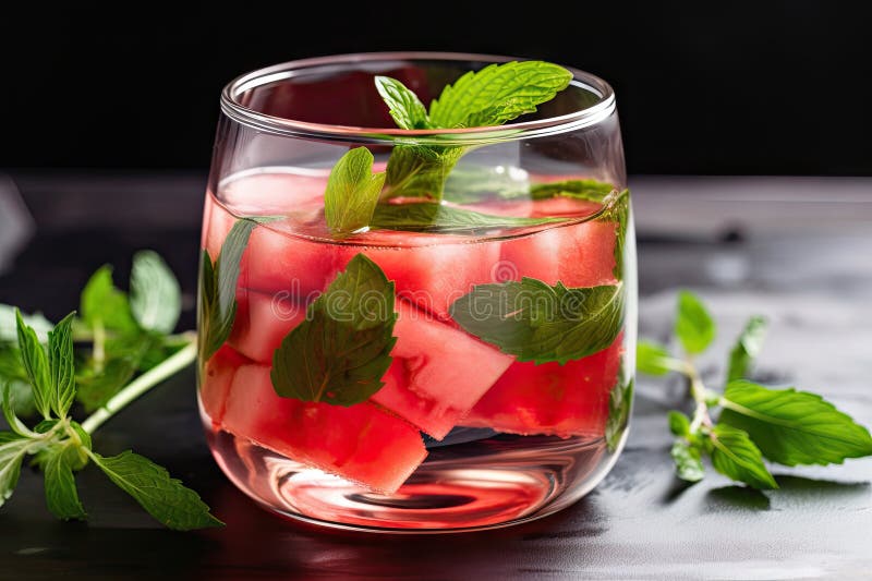 Watermelon Slice in Fruit-infused Water with Floating Mint Leaves Stock ...