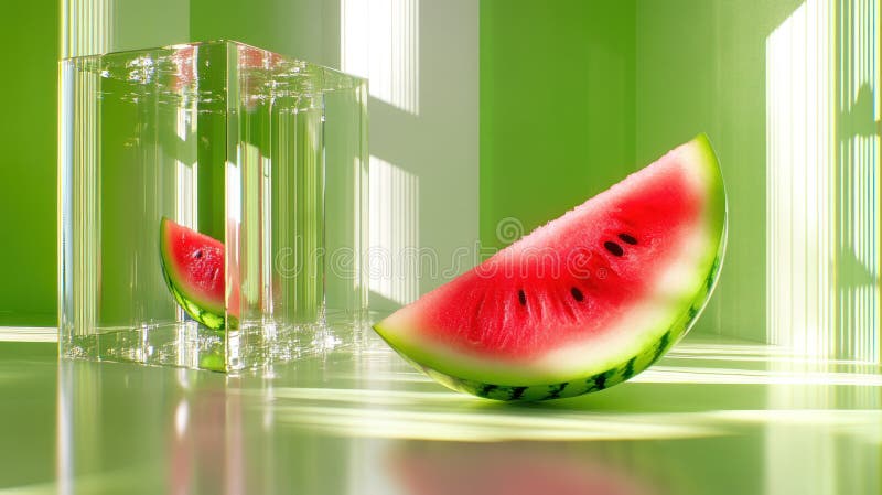 Watermelon Slice Inside a Glass Cube Stock Illustration - Illustration ...