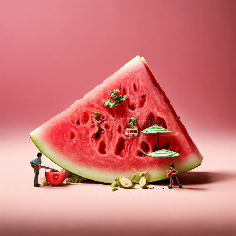 Watermelon Slice with Miniature Figures in Creative Scene Stock Image ...