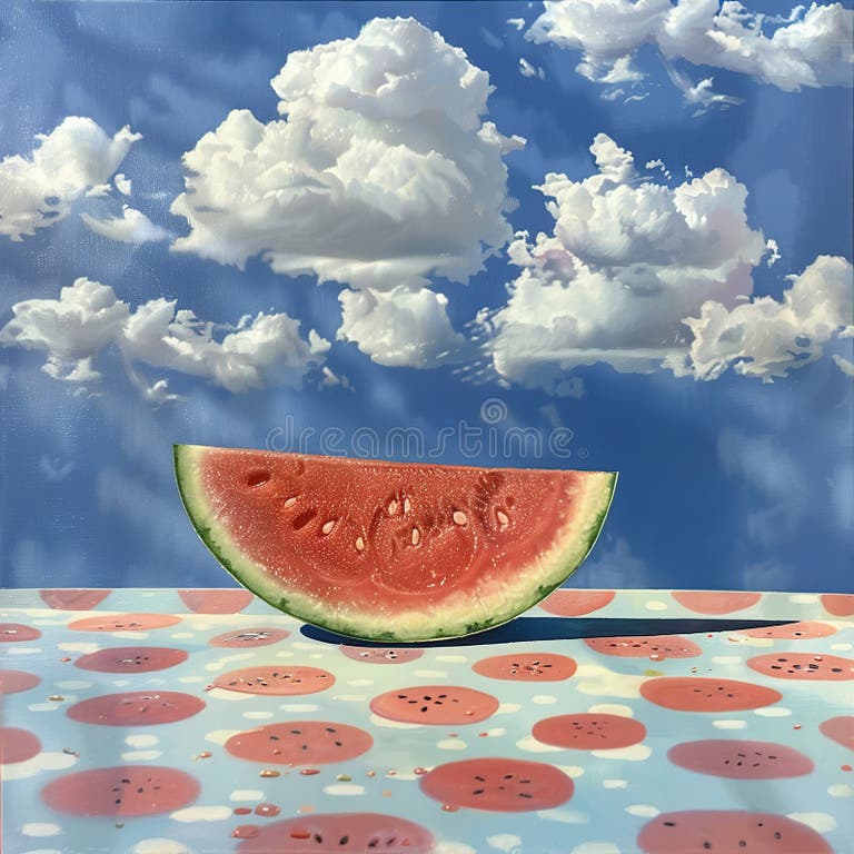 Watermelon Slice on Patterned Surface Under a Blue Sky with Clouds ...