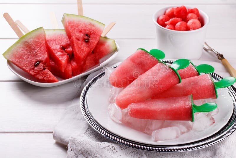 Watermelon Slice Popsicles and Homemade Watermelon Ice-cream on White ...