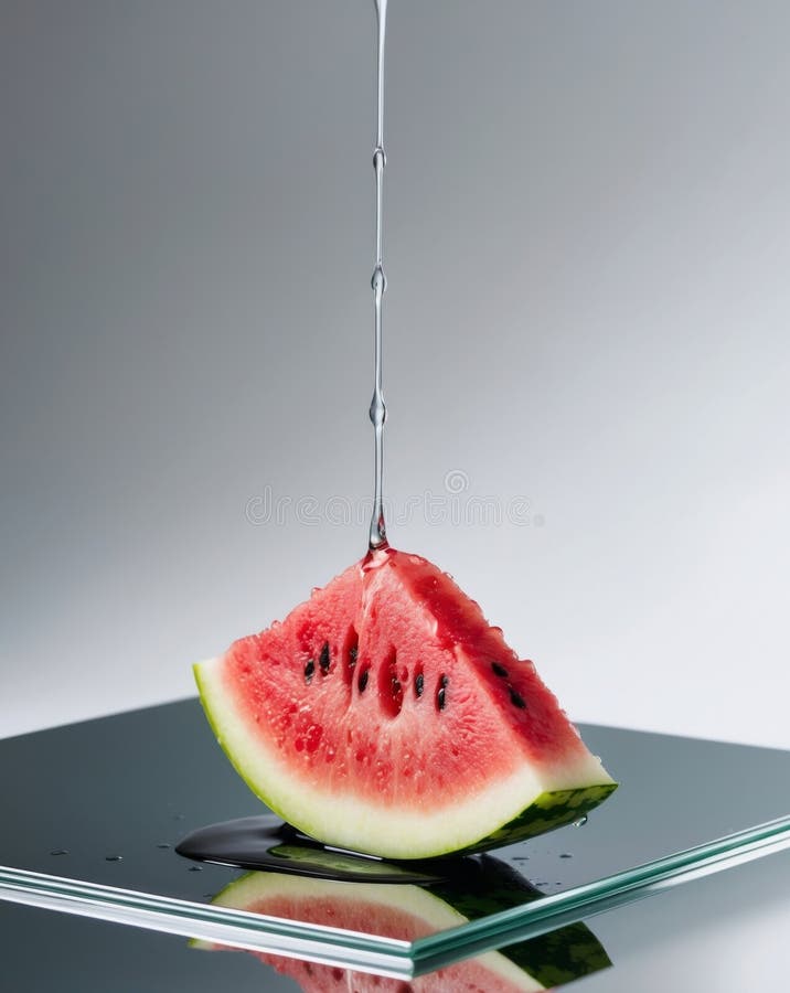 A Watermelon Slice on a Reflective Surface with Dripping Water from the ...