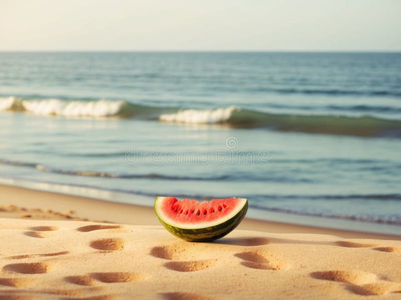 Watermelon Slice on Sandy Beach with Ocean in Background. Stock ...