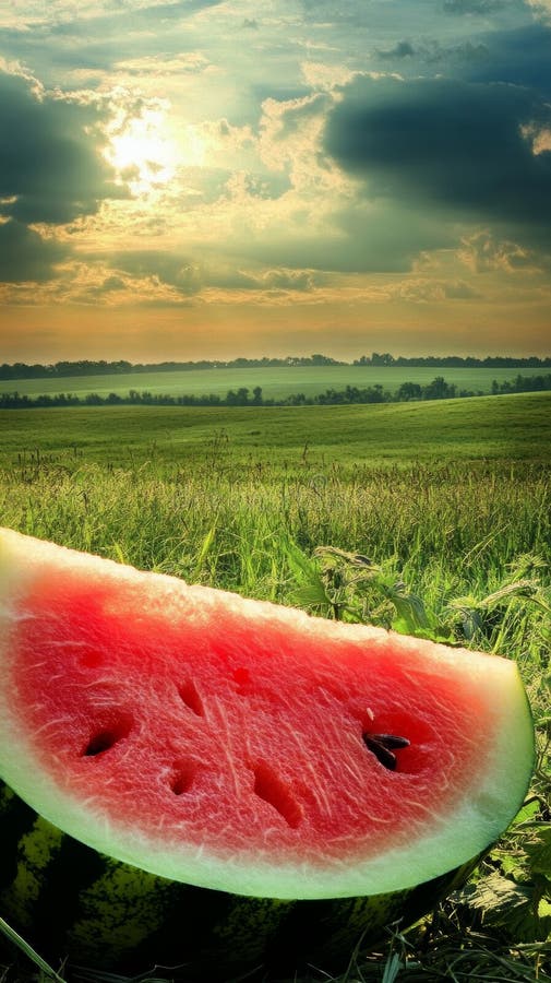 Watermelon Slice in Sunset Field, Fresh Summer Concept Stock Image ...