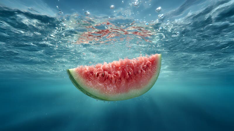 Watermelon Slice Suspended in Clear Ocean Water with Bubbles Stock ...