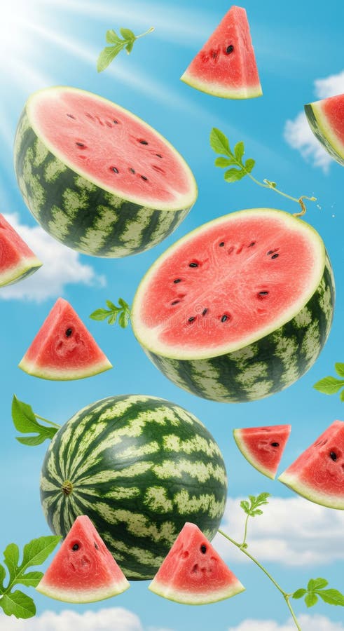 Watermelon Slices Falling Against Sunny Sky Stock Illustration ...
