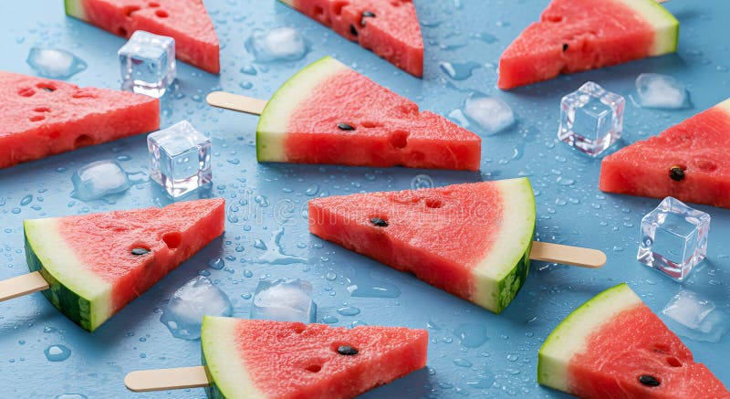 Watermelon Slices with Ice Cubes on Blue Background Stock Illustration ...