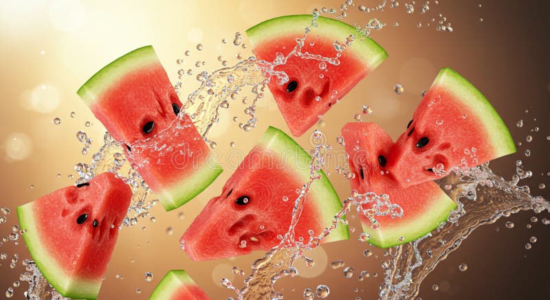 Watermelon Slices Levitating Under Water Stream Stock Illustration ...