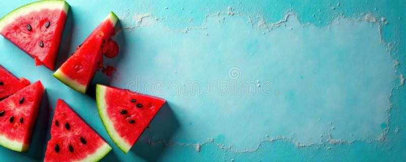 Watermelon Slices Mint Border, Blue Textured Background, Food, Element ...