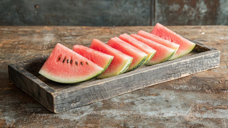 Watermelon Slices in Rustic Wooden Tray Stock Photo - Image of closeup ...