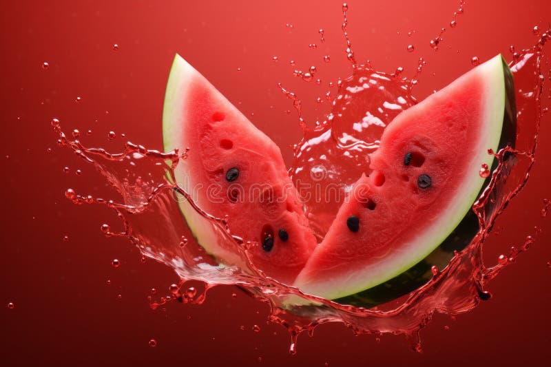 Watermelon Slices in Splashes of Water and Watermelon Juice on a Red ...