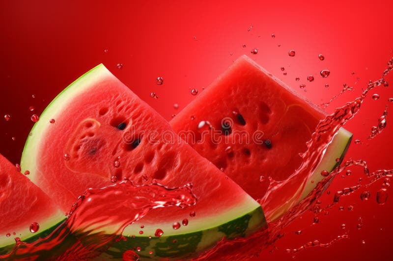 Watermelon Slices in Splashes of Water and Watermelon Juice on a Red ...