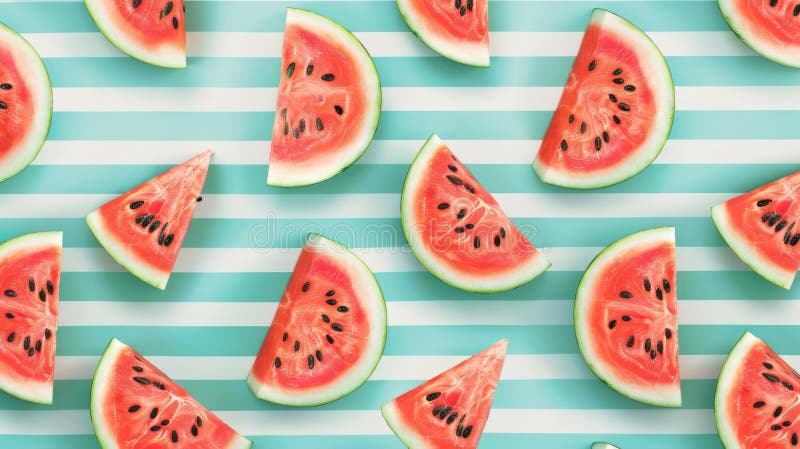 Watermelon Slices on Teal and White Striped Background in Flat Lay ...