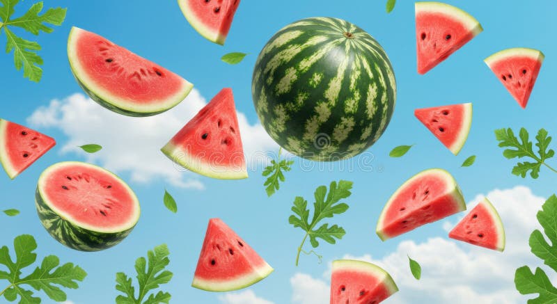 Watermelon Slices and Whole Watermelon Falling on a Blue Sky Background ...