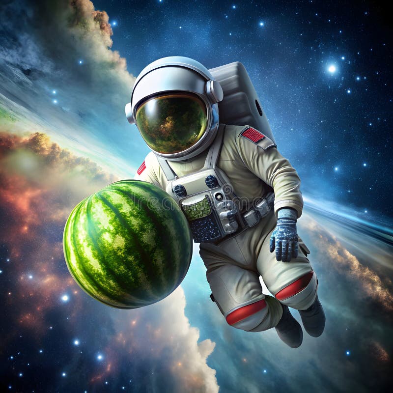 A Watermelon in a Space Suit, Floating in Zero Gravity, with a Playful ...