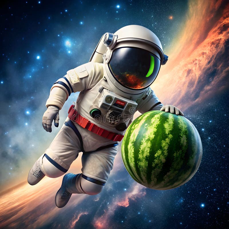 A Watermelon in a Space Suit, Floating in Zero Gravity, with a Playful ...