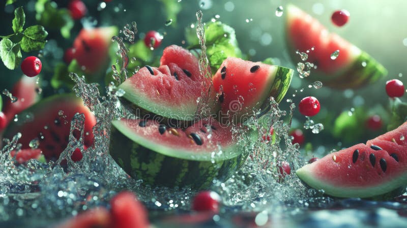 Watermelon Splash: Red Fruit in Dynamic Water Composition Stock ...