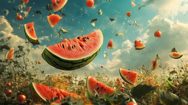 Watermelon Splash: Red Fruit Flying in Sunny Field Stock Illustration ...