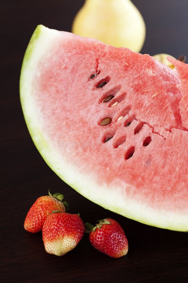 Watermelon, Strawberry and Pear Stock Photo - Image of health, desk ...