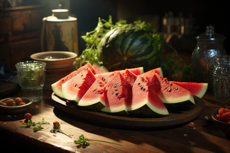 A Watermelon is on a Table Next To a Slice of Wat Stock Illustration ...