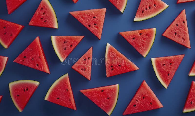 Watermelon Triangle Slices Flat Lay, Vibrant Texture on Blue Background ...